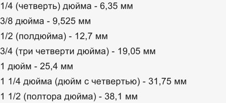 1/4, 3/8, 1/2, 3/4, один, 1 1/4, полтора дюйма- сколько в миллиметрах?